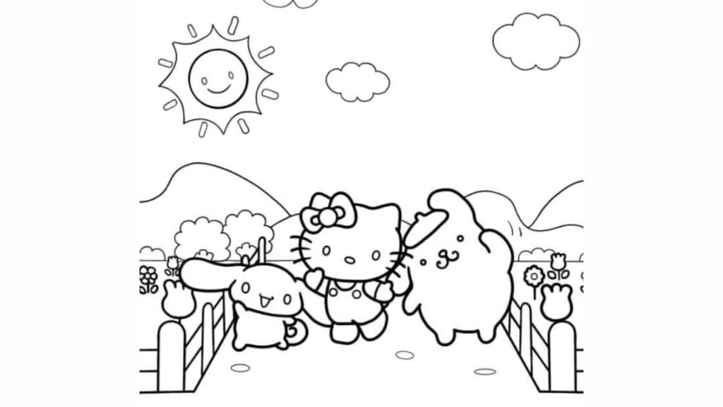 Hello Kitty with Pompompurin and Cinnamoroll Coloring Page